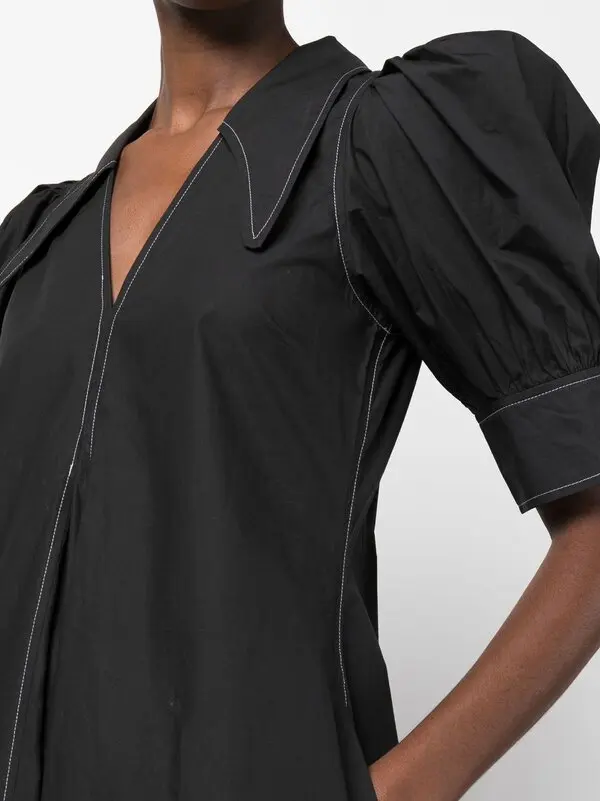 GANNI Puff-sleeved Box-pleat Dress - Black