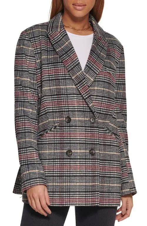 LEVI'S Double Breasted Wool Blend Plaid Blazer - Burgundy Mens Houndstooth