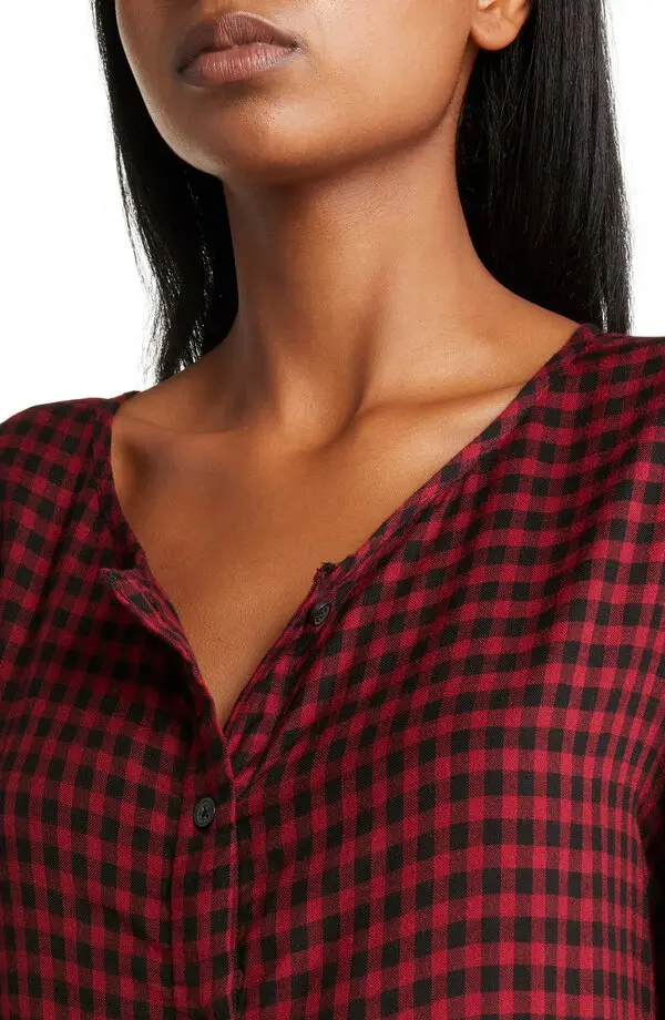 Beachlunchlounge Plaid Tiered Long Sleeve Button-Down Dress - Sangria |  Editorialist