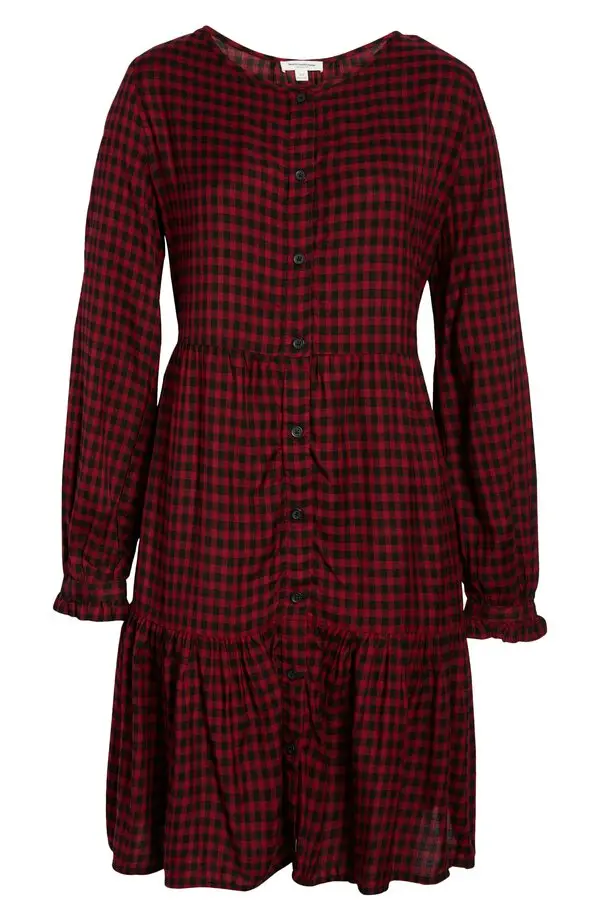 Beachlunchlounge Plaid Tiered Long Sleeve Button-Down Dress - Sangria |  Editorialist