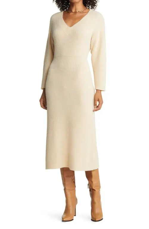 Halogen Off The Shoulder Long Sleeve Midi Sweater Dress In Beige Burnt -  60% Off | Editorialist