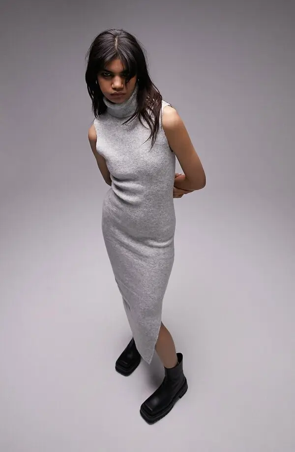 topshop grey ribbed dress Topshop V-Neck Long Sleeve Rib Sweater Dress In Grey - 45% Off