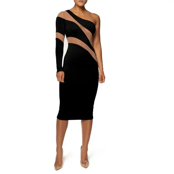 JLUXLABEL Eyes For You Illusion Mesh One-shoulder Long Sleeve Midi Dress - Black