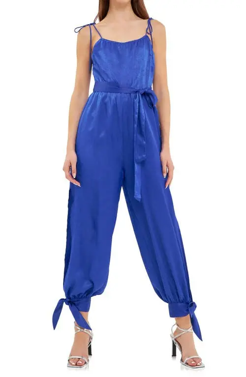 Endless Rose Tie Detail Slit Leg Satin Jumpsuit - Navy