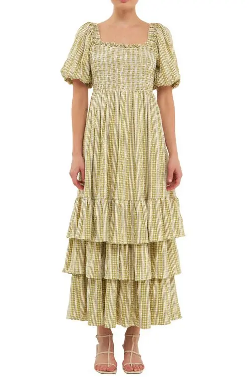 English Factory Gingham Stripe Tiered Dress