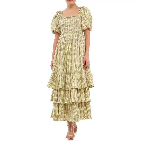 English Factory Gingham Stripe Tiered Dress - Avocado