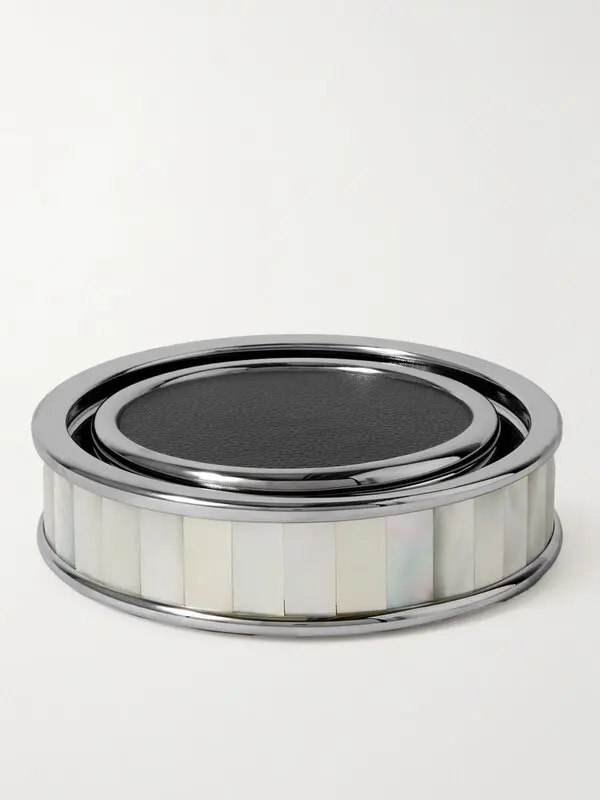 LORENZI MILANO Set Of Six Chrome-plated, Mother-of-pearl And Full-grain Leather Coasters - Silver