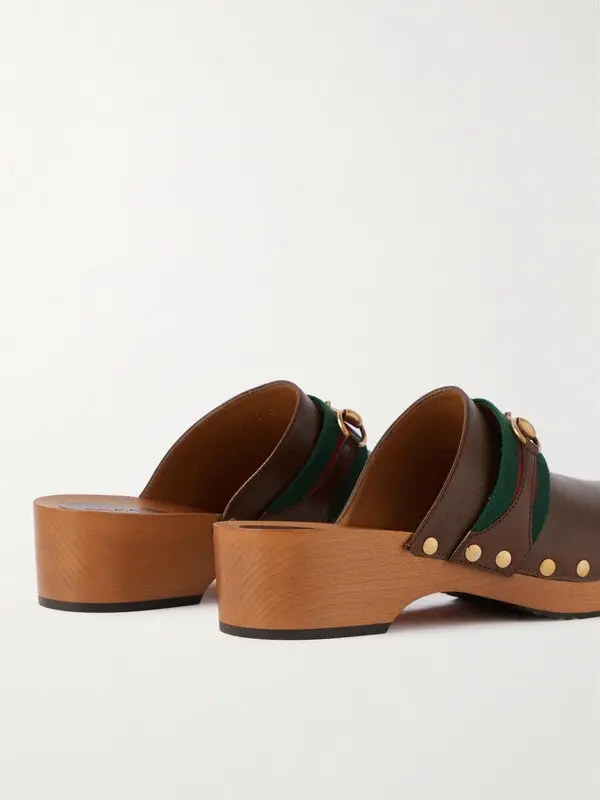 Gucci Horsebit Webbing-trimmed Leather Clogs