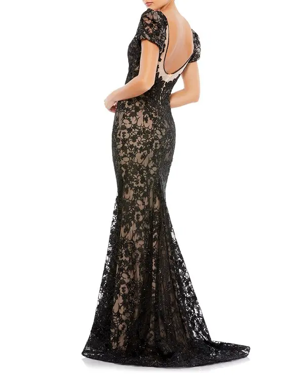 Mac Duggal Embellished Lace Trumpet Dress - Black Nude | Editorialist