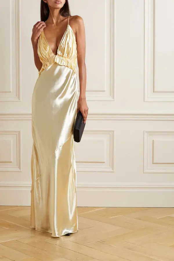 Khaite Nirva Pleated Satin Maxi Dress In Cream - 50% Off | Editorialist