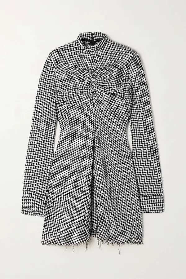 MARQUES' ALMEIDA Ruched Houndstooth Cotton Turtleneck Mini Dress
