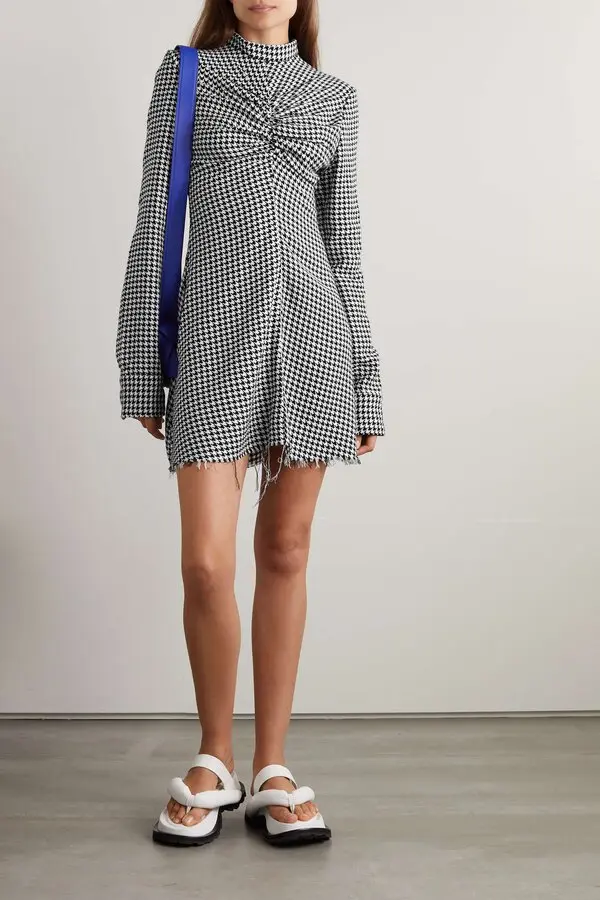 MARQUES' ALMEIDA Ruched Houndstooth Cotton Turtleneck Mini Dress