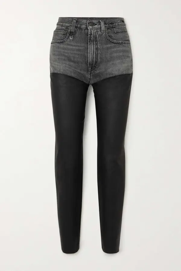 R13 Courtney Chaps Slim-leg Jeans With Leather Accents - Black