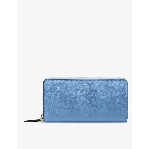 Smythson Panama Branded Large Leather Purse - Nile Blue