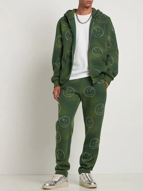 Retrovert All Over Rhinestone Smiley Sweatpants In Green 50% Off