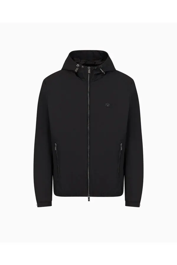 Emporio Armani Hooded, Water-repellent Nylon Blouson With Logo Patch - Black