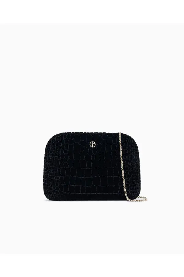 Giorgio Armani La Prima Crocodile-effect Quilted Velvet Clutch Bag - Black