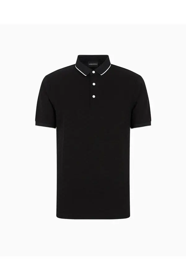 Emporio Armani Mercerised Jersey Polo Shirt With All-over Jacquard Eagle - Black