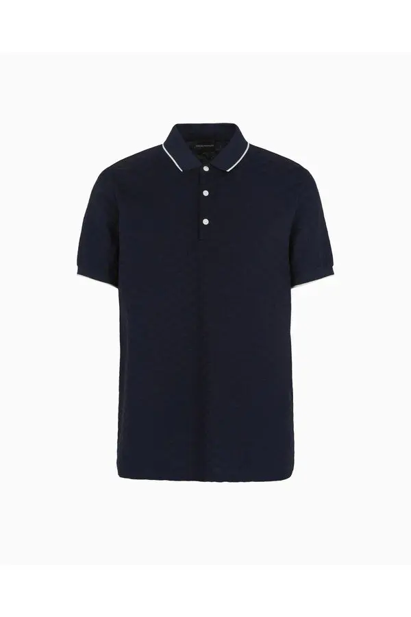 Emporio Armani Mercerised Jersey Polo Shirt With All-over Jacquard Eagle - Navy