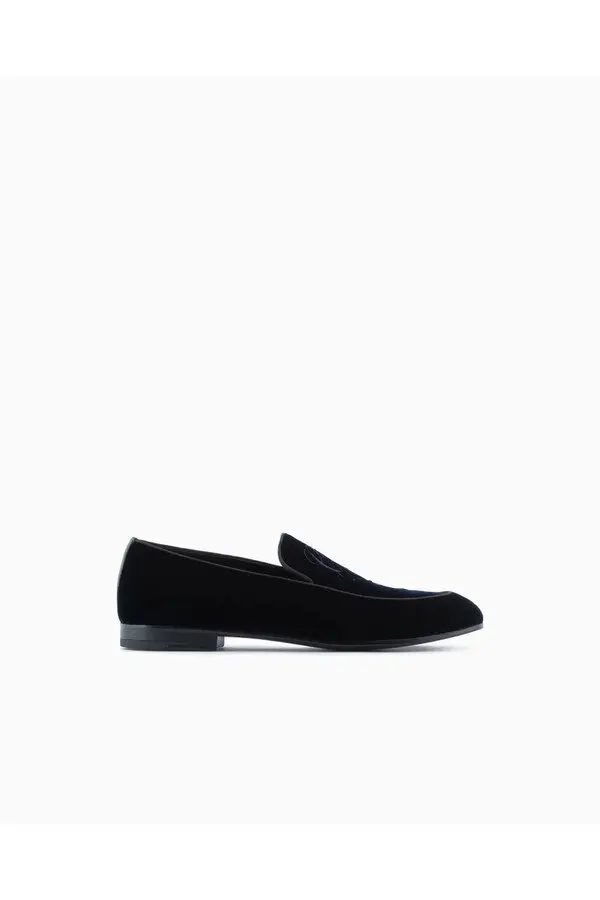 Giorgio Armani Velvet Loafers With Embroidered Logo - Navy
