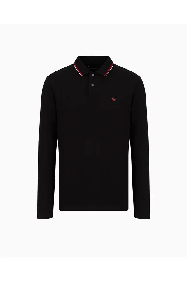 Emporio Armani Long-sleeved Stretch Piqué Polo Shirt With Micro Eagle Embroidery - Black
