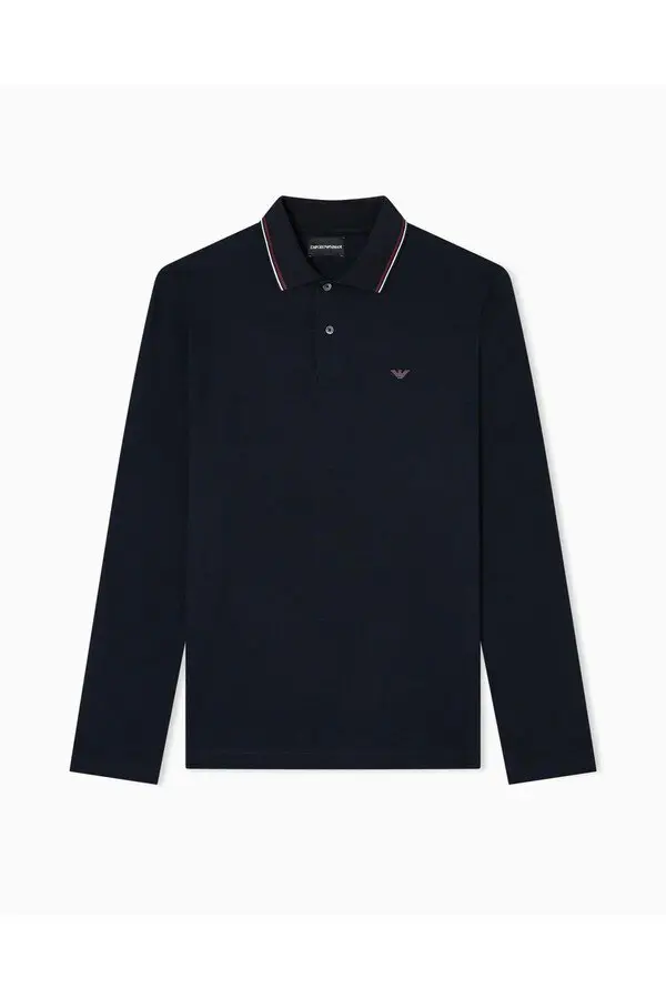 Emporio Armani Long-sleeved Stretch Piqué Polo Shirt With Micro Eagle Embroidery - Navy