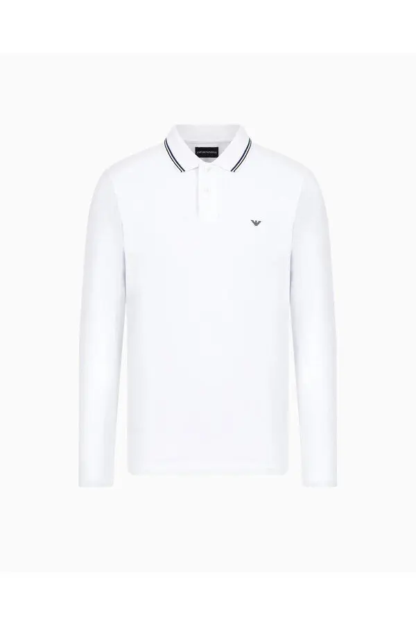 Emporio Armani Long-sleeved Stretch Piqué Polo Shirt With Micro Eagle Embroidery - White