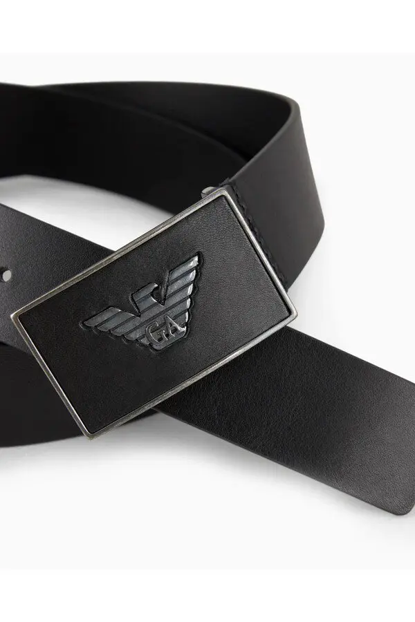 Emporio Armani Leather Belt With Eagle Plate - Black