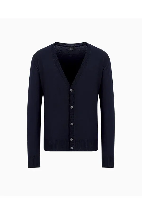 Emporio Armani Plain-knit Virgin Wool V-neck Cardigan - Navy