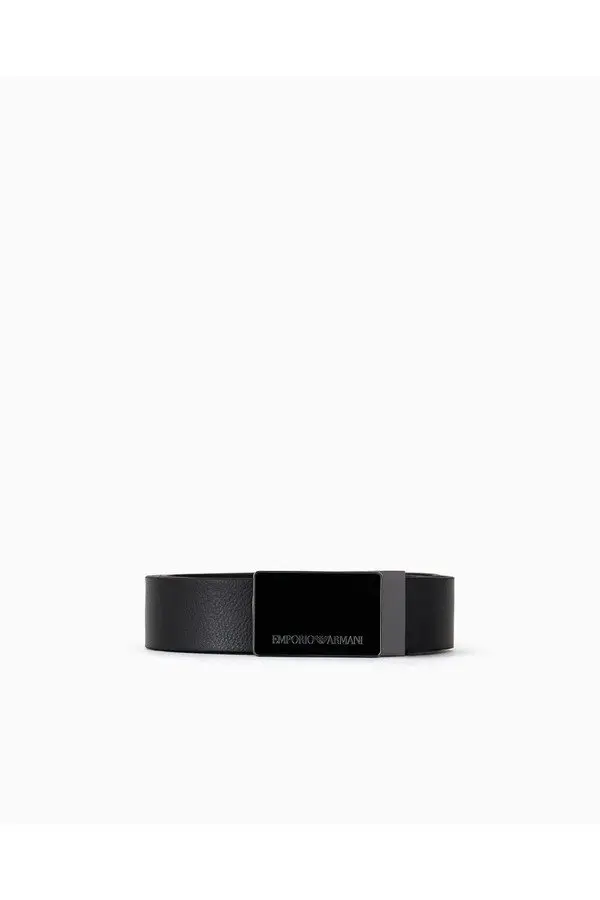 Emporio Armani Pebbled Leather Belt With Logo Plate - Black