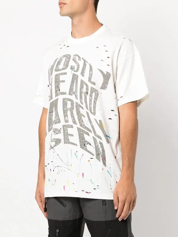 MOSTLY HEARD RARELY SEEN Warped-text Paint T-shirt - White