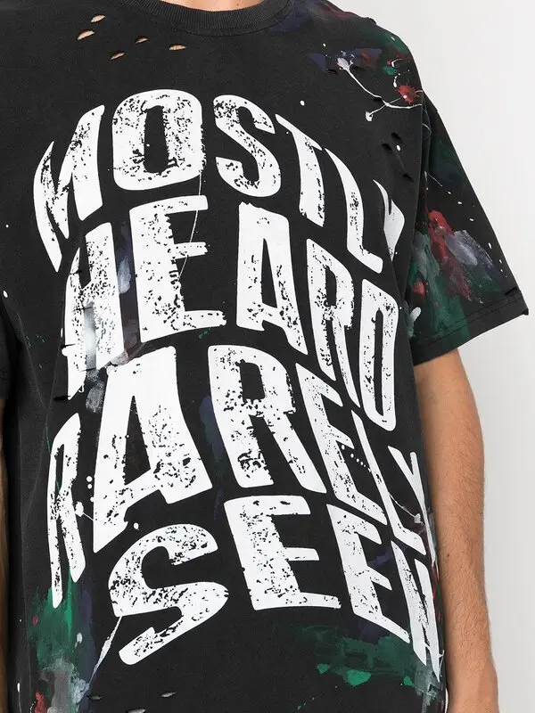 MOSTLY HEARD RARELY SEEN Warped-text Paint T-shirt