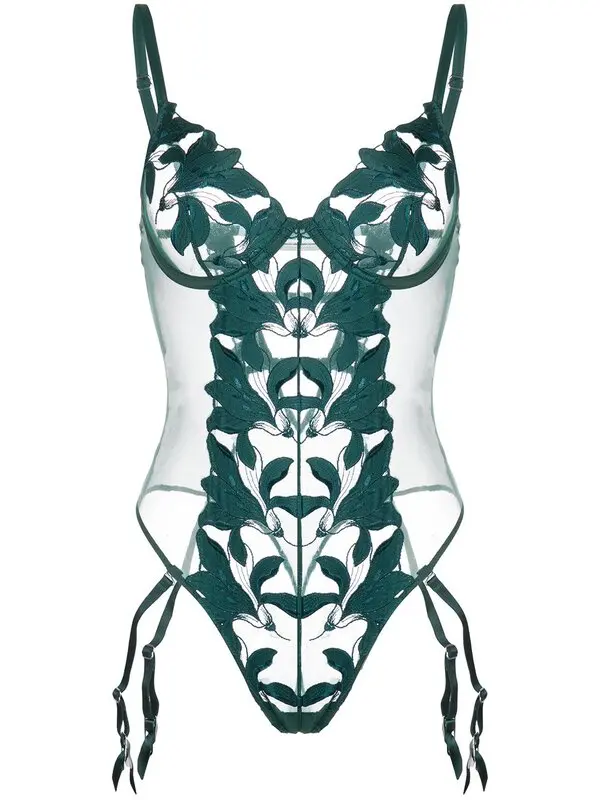FLEUR DU MAL Floral-embroidered Cupped Bodysuit - Green