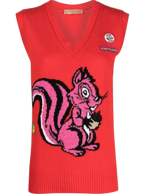 CORMIO Squirrel-print Knit Vest - Red