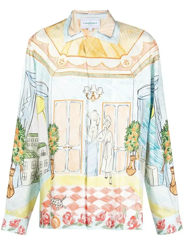 Casablanca Illustration-style Print Silk Shirt - Neutrals