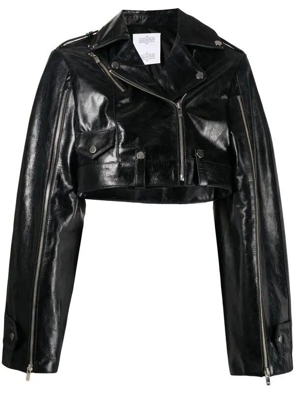 Rokh Cropped Leather Biker Jacket - Black