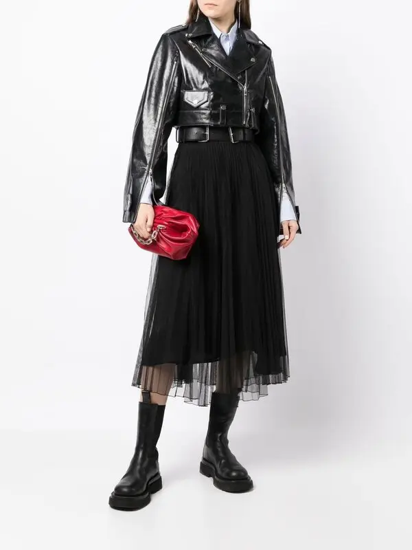 Rokh Cropped Leather Biker Women Jacket - Black