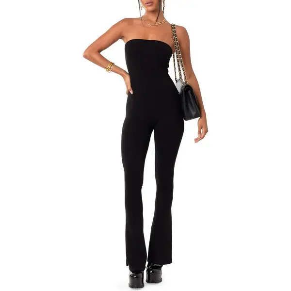 EDIKTED Melina Side Slit Strapless Flare Jumpsuit - Black