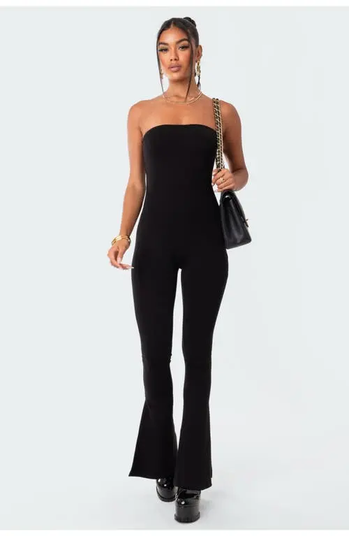 EDIKTED Melina Side Slit Strapless Flare Jumpsuit