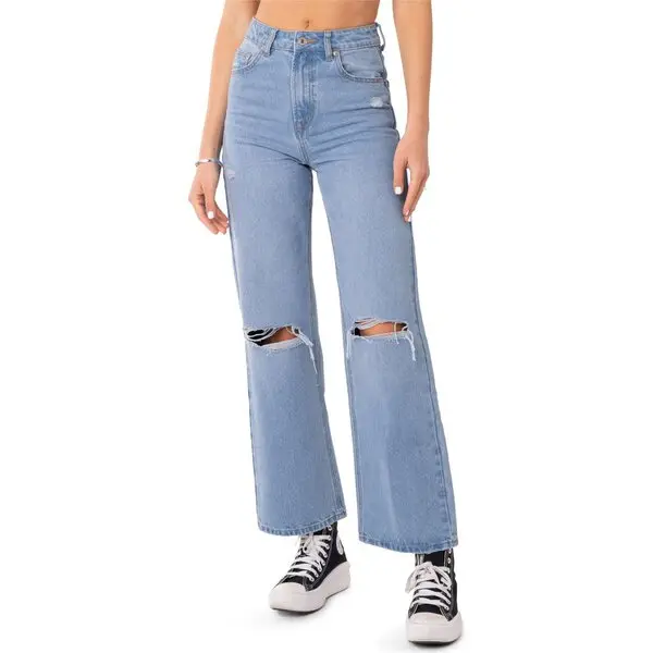 EDIKTED Lori Ripped Wide Leg Jeans - Blue