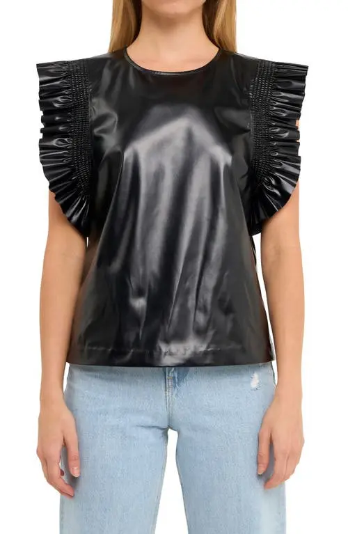 English Factory Faux Leather Ruffle Top