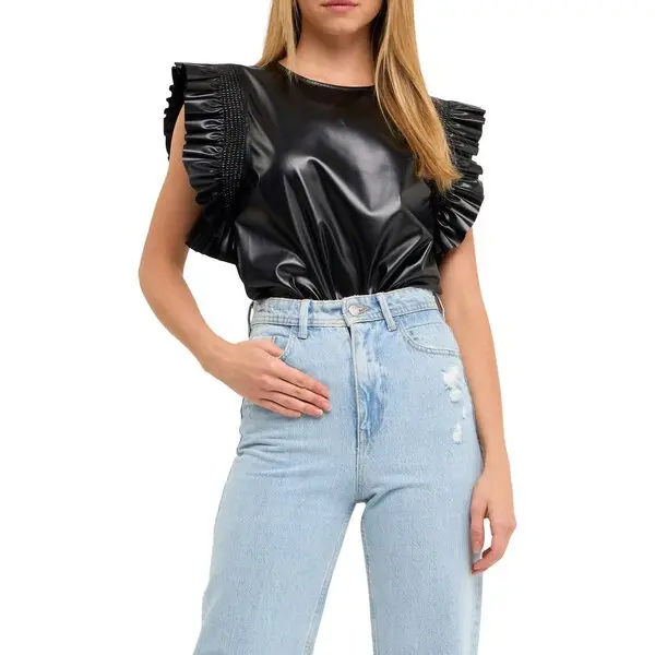 English Factory Faux Leather Ruffle Top - Black