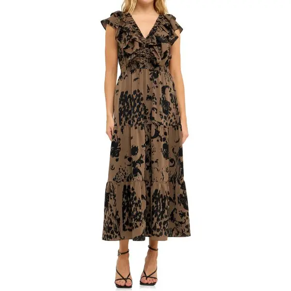 Endless Rose Metallic Abstract Animal Print Dress - Olive/black