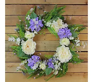 NORTHLIGHT Peony & Assorted Foliage Wreath Pur Ple & Cream