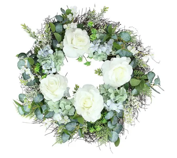 NORTHLIGHT Roses & Hydrangeas Flowers & Leaves Pring Wreath - One-color