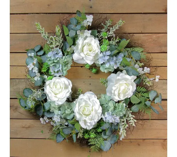 NORTHLIGHT Roses & Hydrangeas Flowers & Leaves Pring Wreath