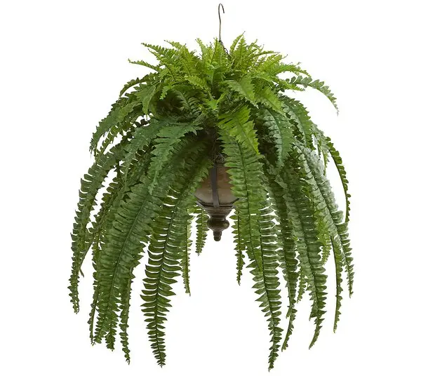 NEARLY NATURAL 39' Boston Fern Plant In Hanging Bowl By - One-color
