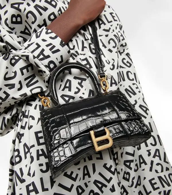 Balenciaga Hourglass Xs Croc-effect Leather Crossbody Bag - Black