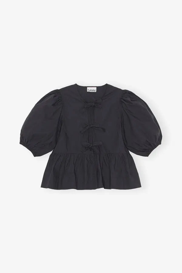 GANNI Cotton Poplin Peplum Tie Blouse - Black