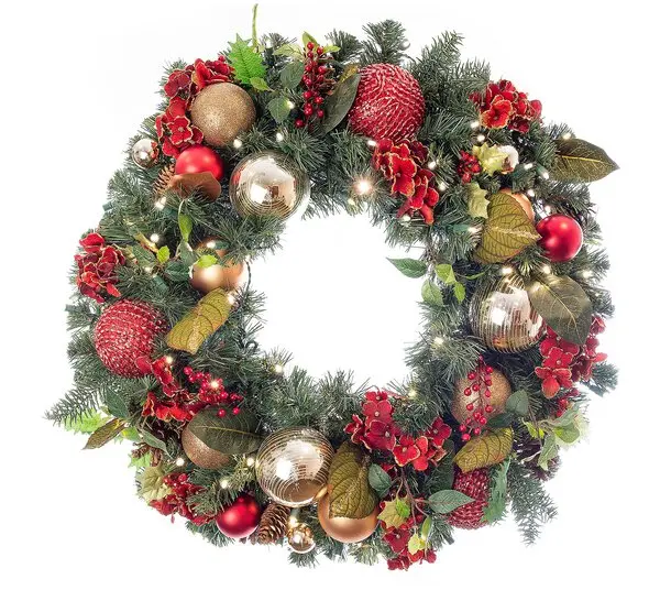 VILLAGE LIGHTING CO. Village Lighting 30' Prelit Led Wreath Scarle T Hydrangea - One-color